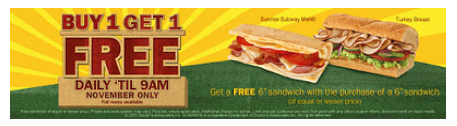 Subway: Buy 1 Get 1 FREE Sub (thru 11/30)