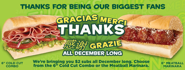 Subway: *HOT* Customer Appreciation Month = $2 Subs (Through December 31st)