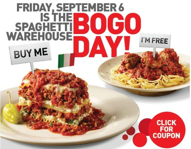 Spaghetti Warehouse: Buy 1 Get 1 Free Spaghetti & Meatballs or Lasagne ...
