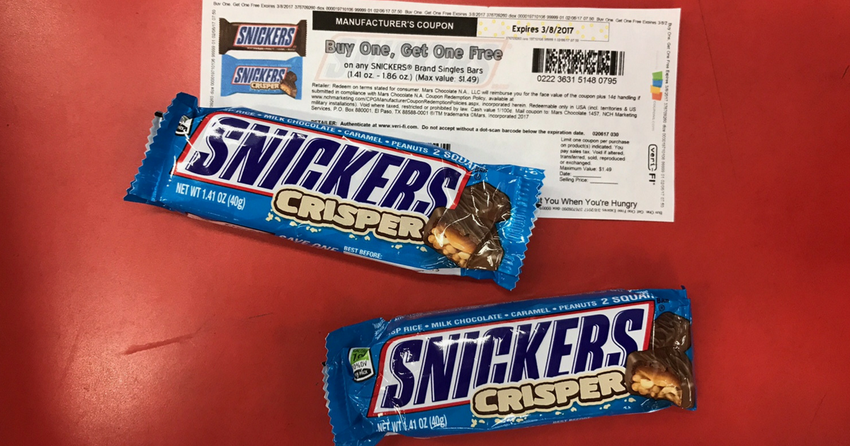 NEW Buy 1 Get 1 FREE Snickers Singles Coupon = Score 2 FREE Snickers ...