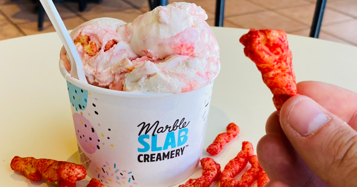 Marble Slab's New Flamin' Hot Cheetos Ice Cream & Shakes are Here!!