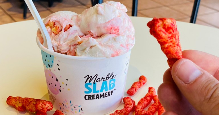 Marble Slab's New Flamin' Hot Cheetos Ice Cream & Shakes are Here!!
