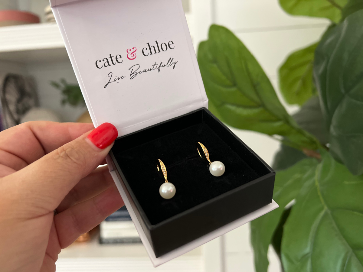 Cate & Chloe 18K Gold Drop Pearl Earrings with Gift Box Only $18 ...