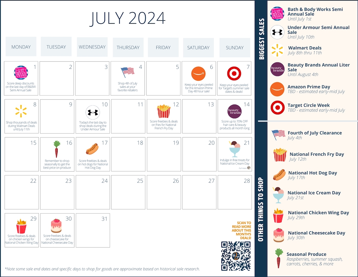 July Sales | What to Buy in July 2024 Calendar Printable